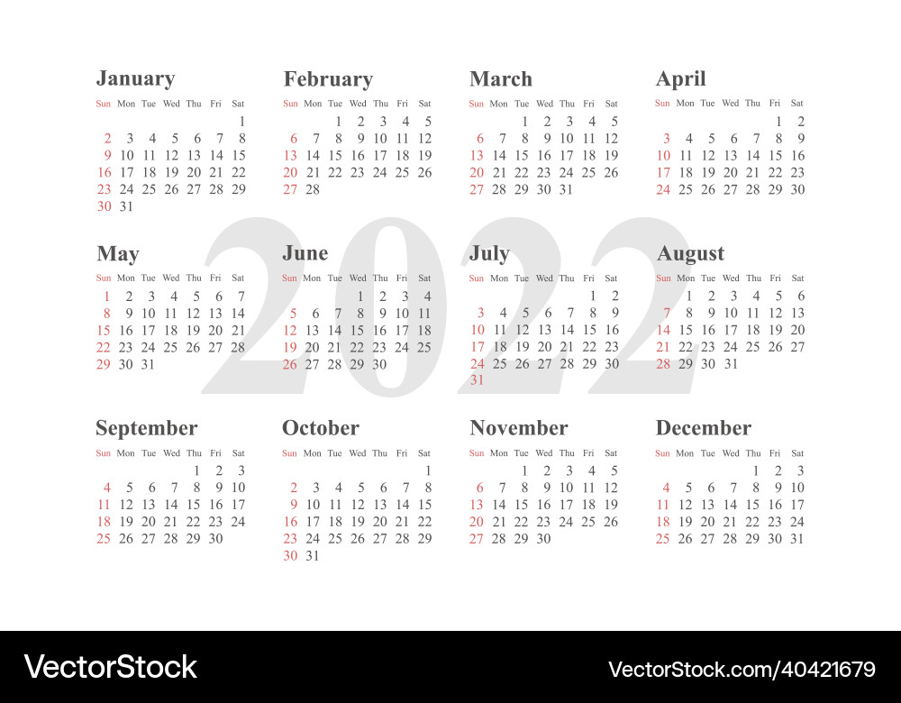 Calendar 2022 year black and white template Vector Image