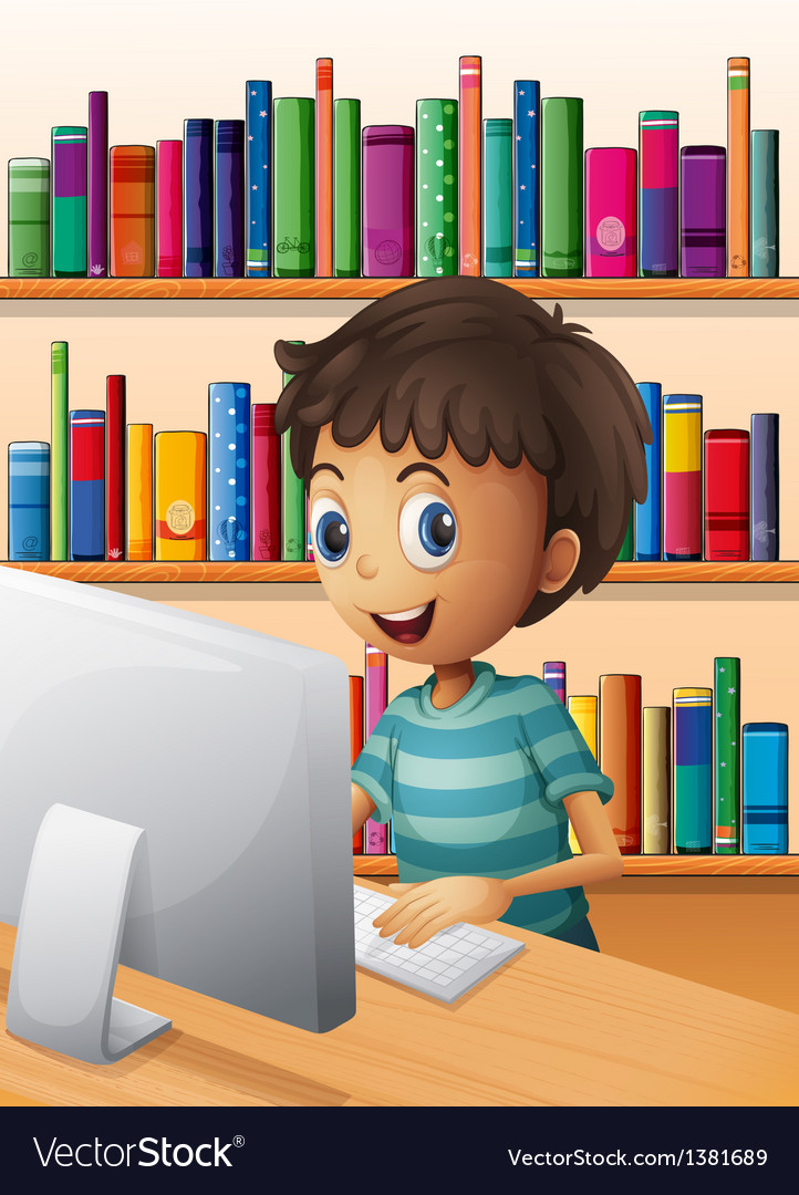 A boy using computer inside library Royalty Free Vector
