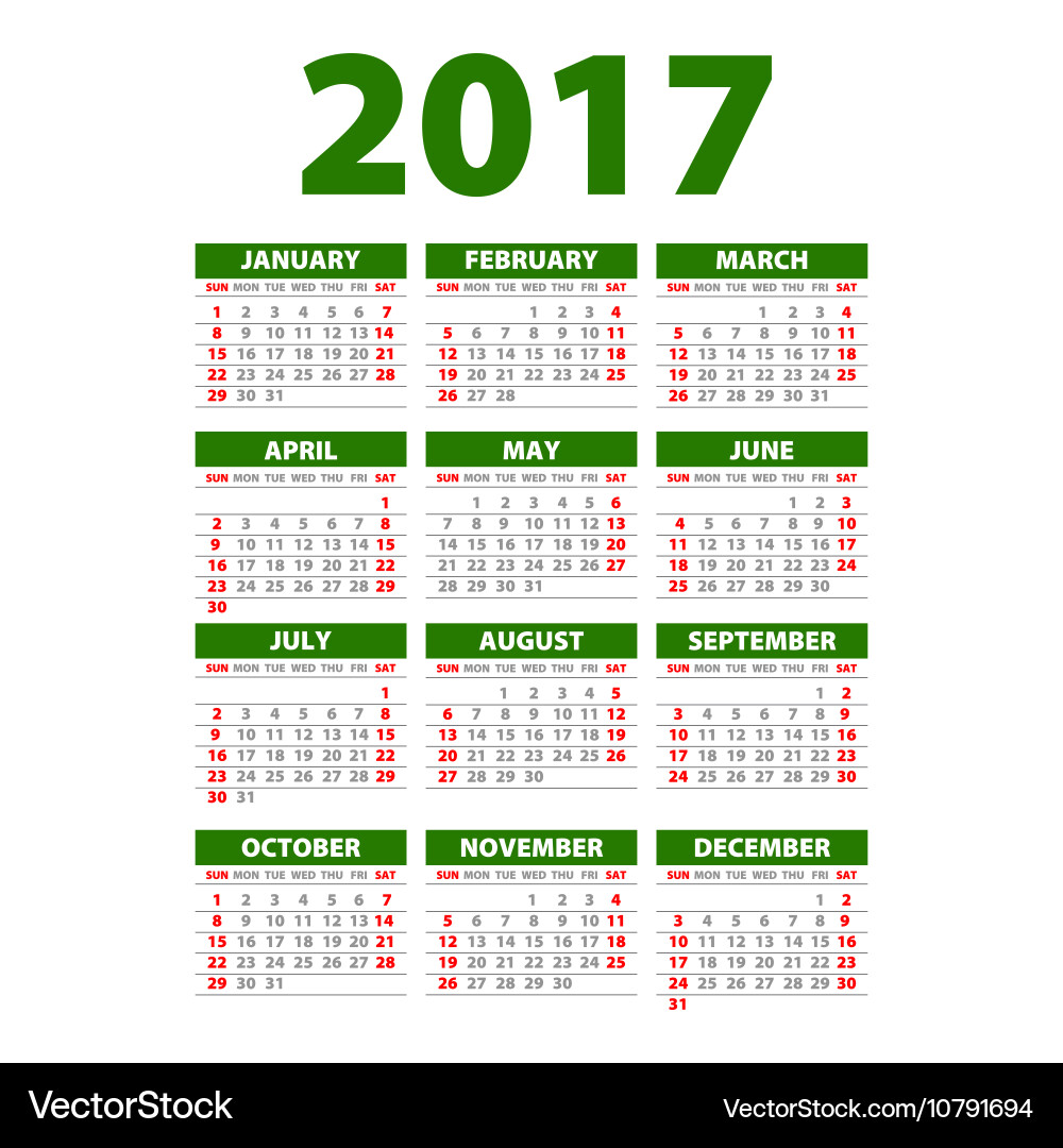 Calendar for 2017 week starts monday Royalty Free Vector