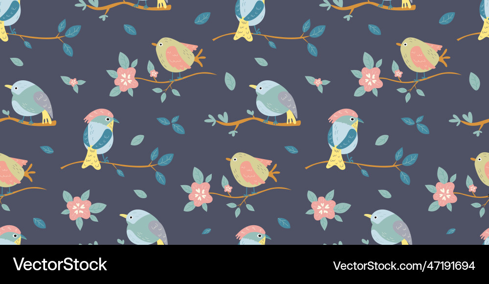 Cute spring birds and flowers seamless pattern Vector Image