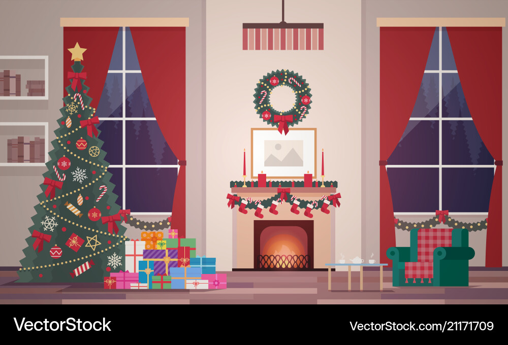Christmas interior living room Royalty Free Vector Image