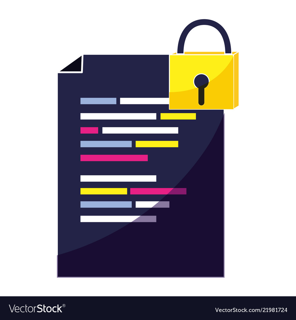 Document with program code and closed padlock Vector Image