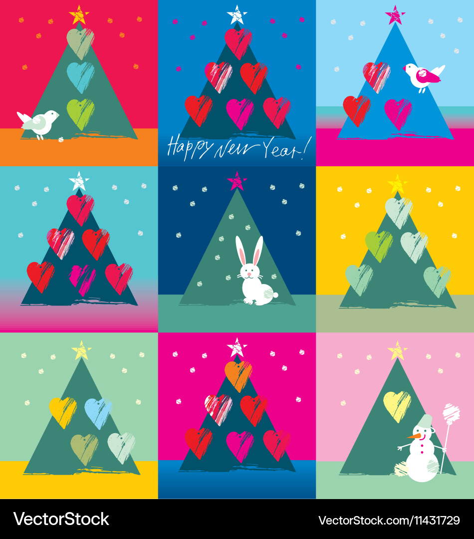 Christmas tree with birds hearts bunny snowman Vector Image