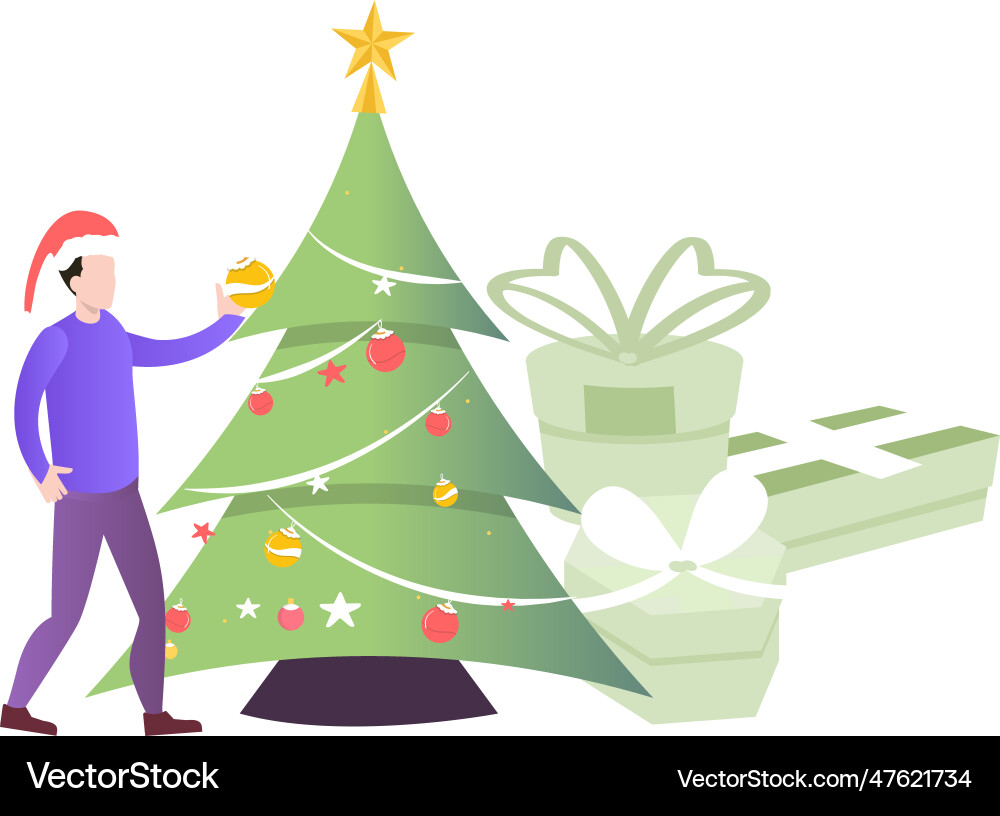Boy is decorating the christmas tree Royalty Free Vector