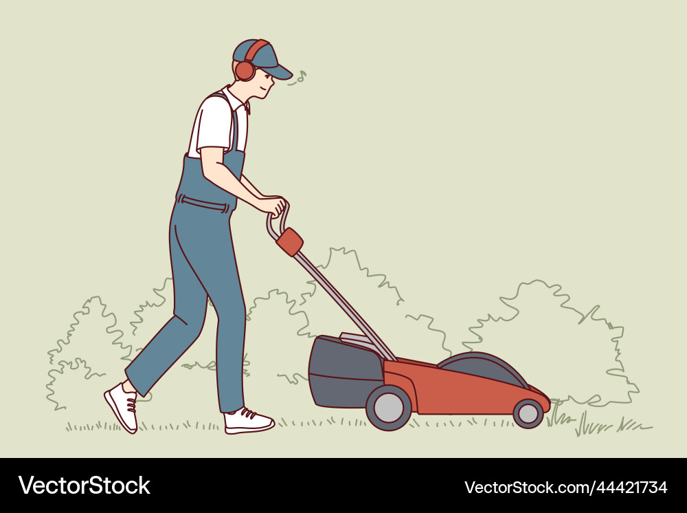 Man in uniform with lawn mower Royalty Free Vector Image