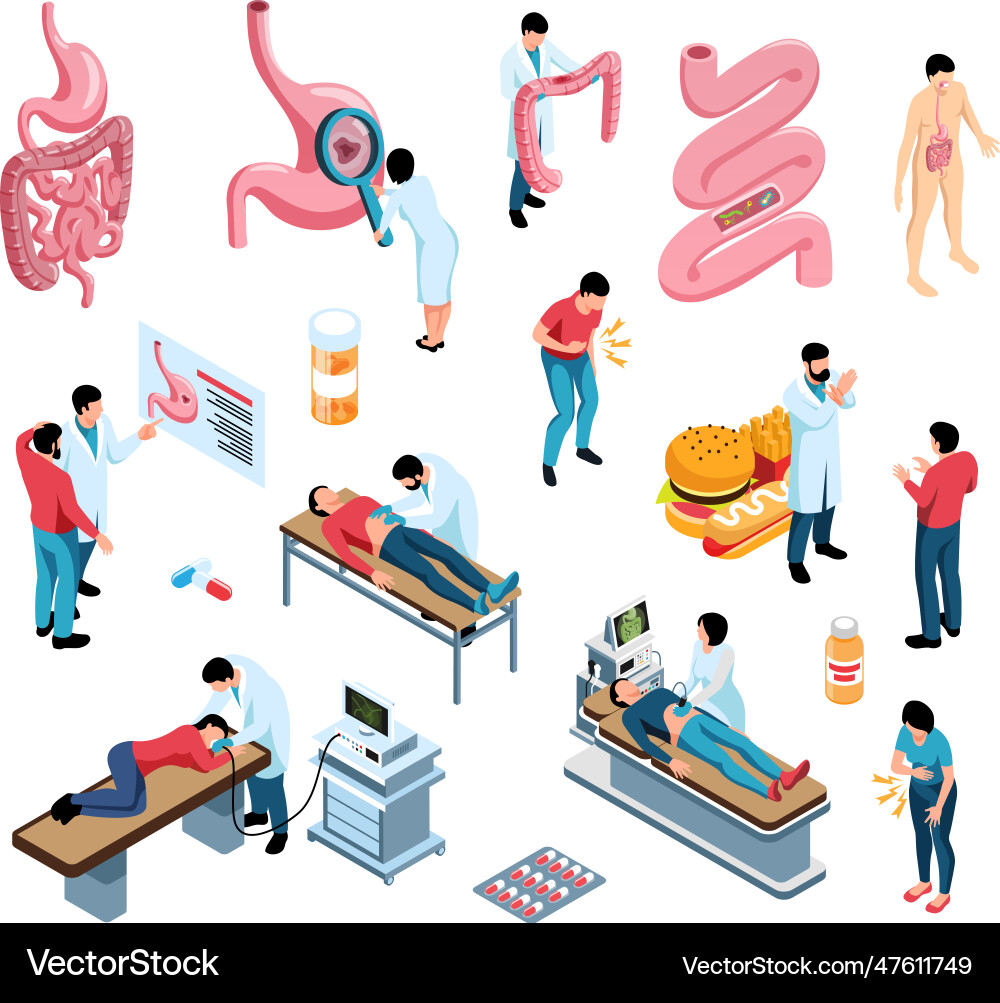 Gastroenterologist isometric set Royalty Free Vector Image