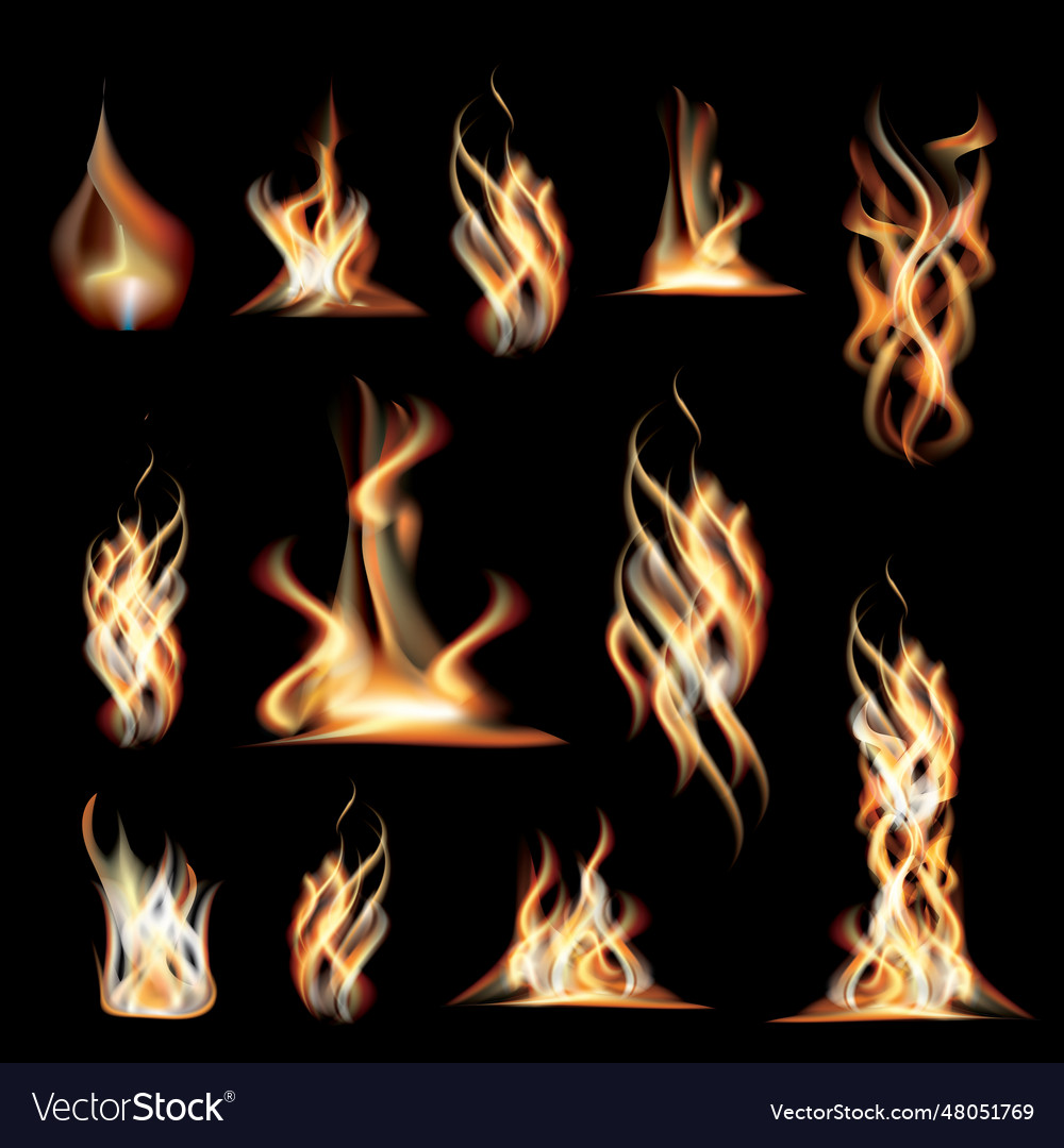 Realistic burning fire flames set Royalty Free Vector Image
