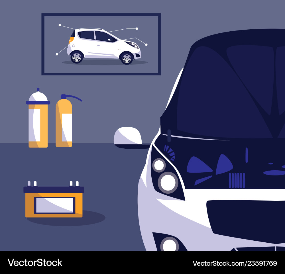 White car in maintenance workshop Royalty Free Vector Image