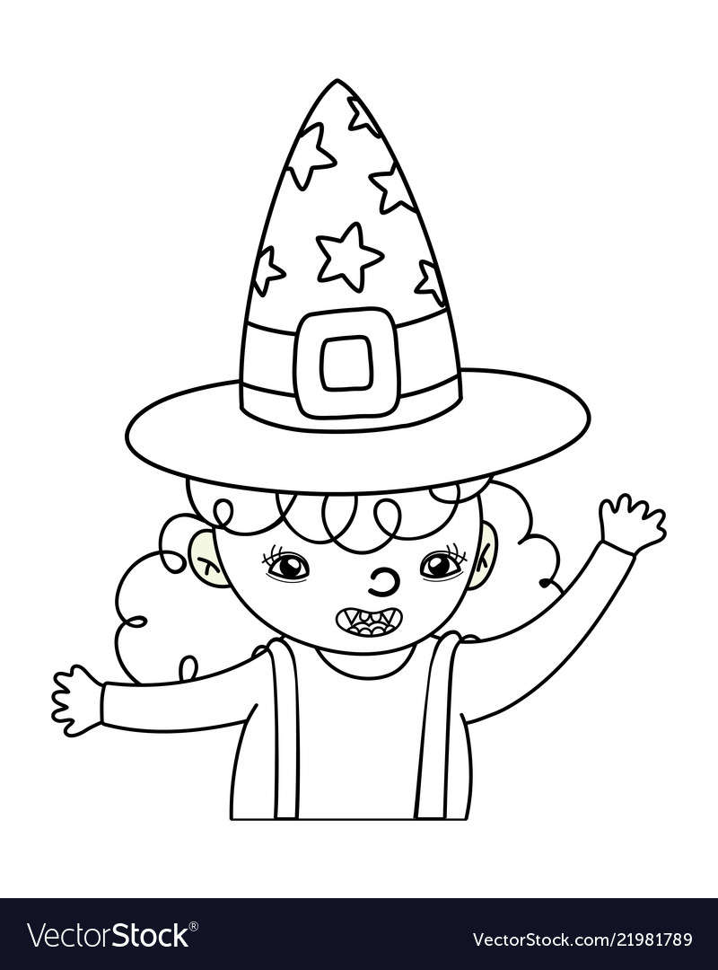 Outline happy girl with witch costume and hat Vector Image
