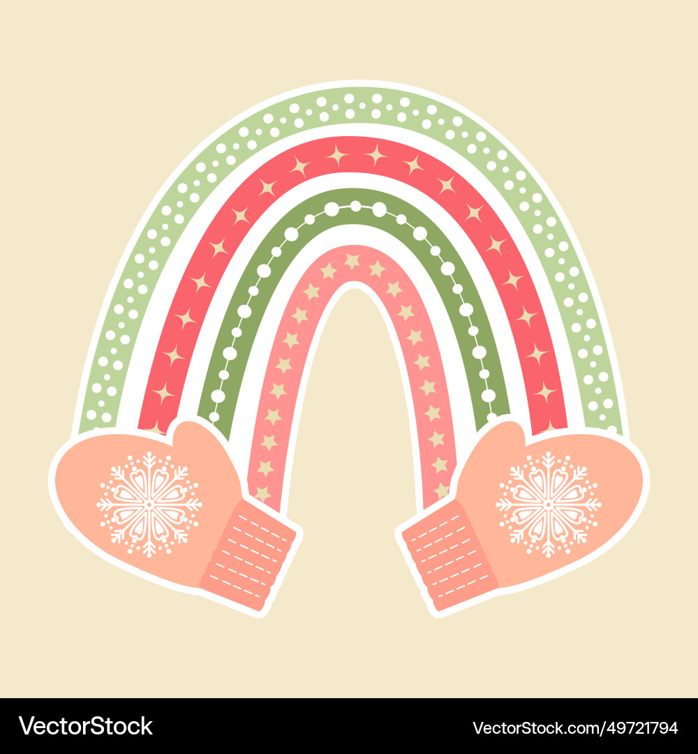 Cute boho christmas rainbow sticker with mittens Vector Image