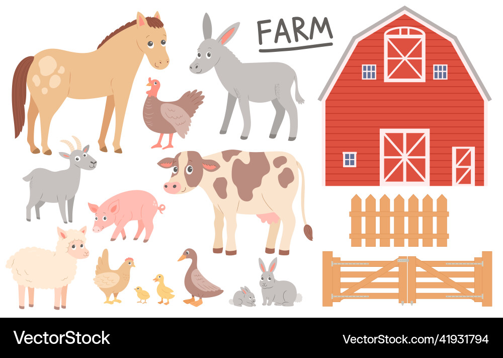 Farm animals barn and fence Royalty Free Vector Image