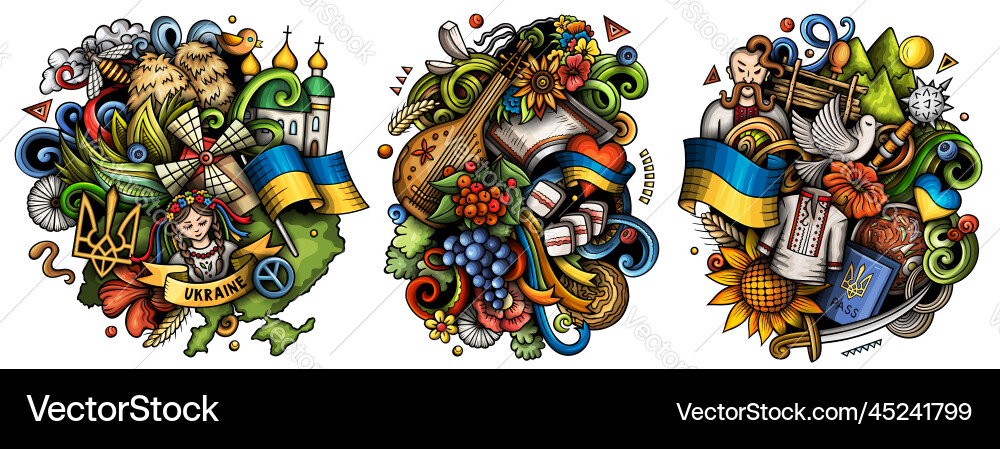 Ukraine cartoon doodle designs set Royalty Free Vector Image