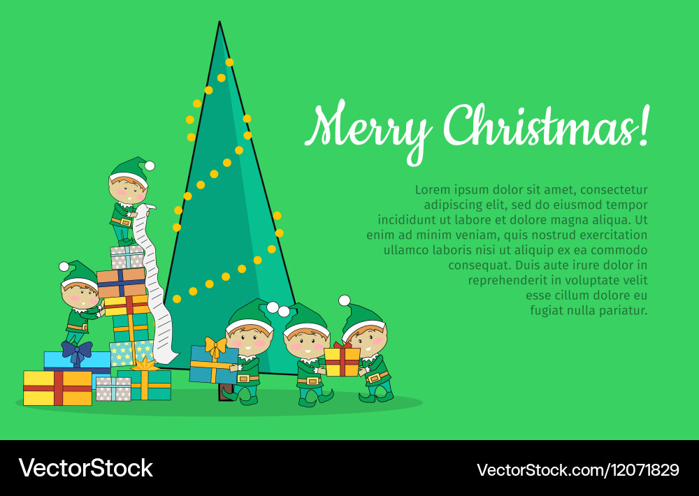 Christmas elves packing presents near tree Vector Image