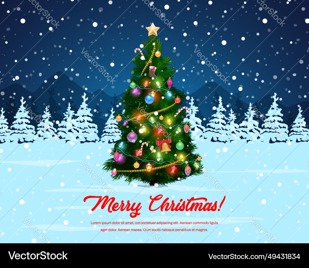 Christmas Decorated Pine Tree In Snowy Forest Vector Image