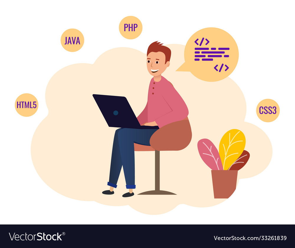 Programmer sitting with laptop and working Vector Image