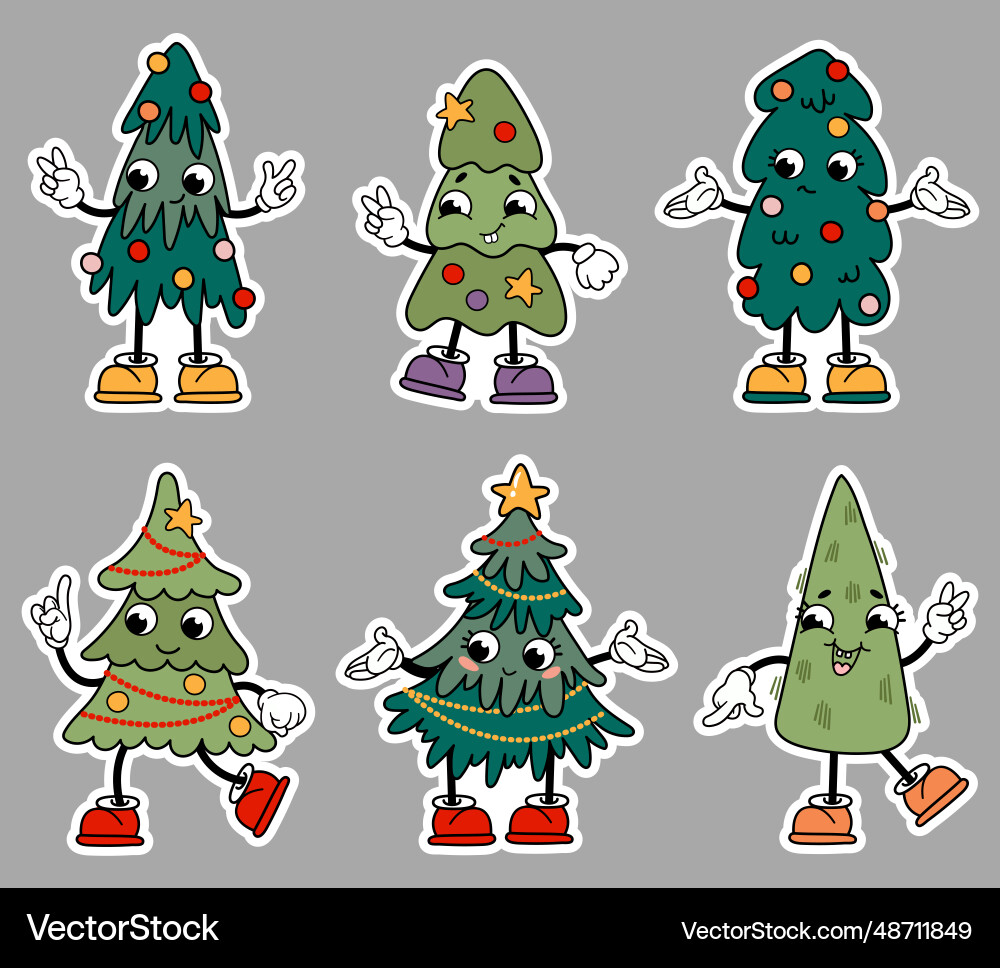 Kawaii christmas tree stickers set Royalty Free Vector Image