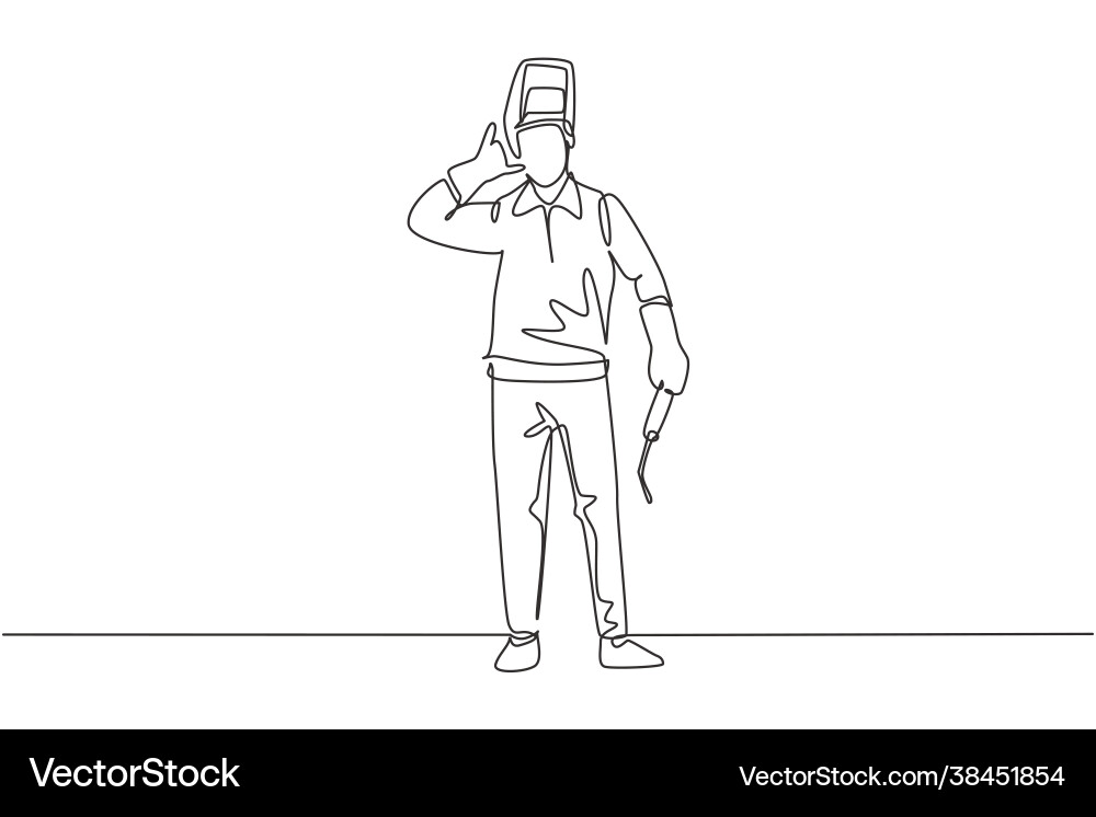 Single one line drawing welder stands with call Vector Image