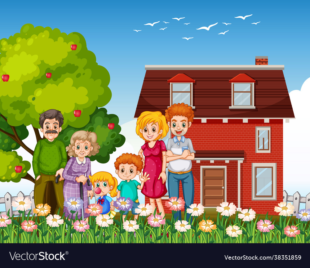 Happy family standing outside home in garden Vector Image