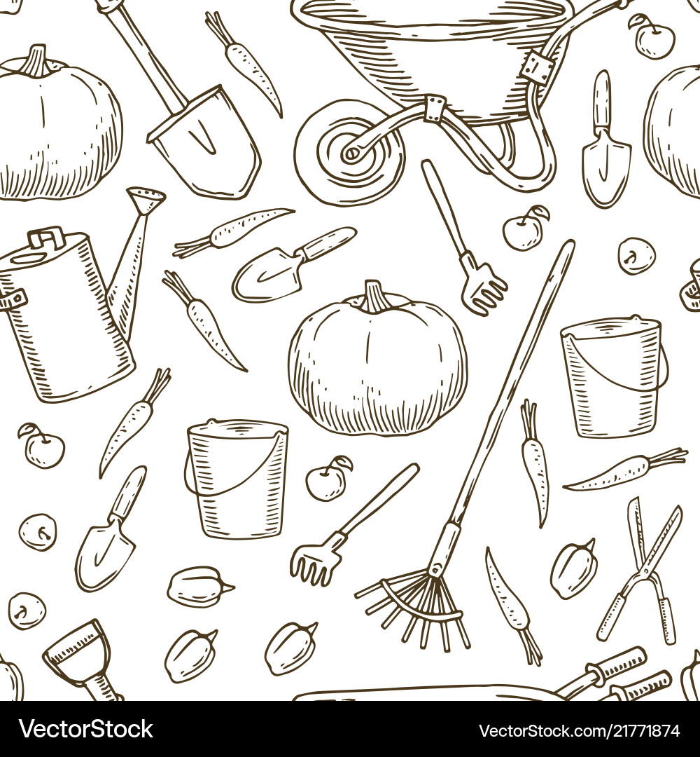 Pattern for coloring garden tools and vegetables Vector Image