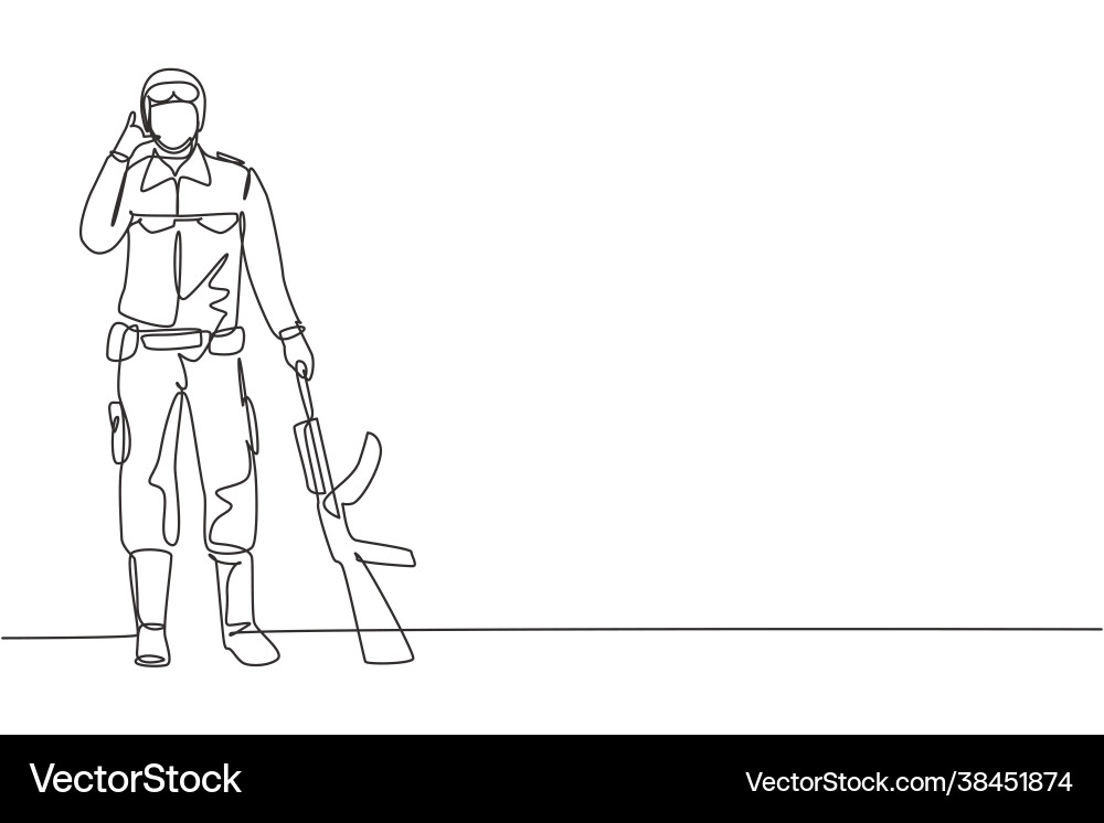 Single continuous line drawing soldier stands Vector Image