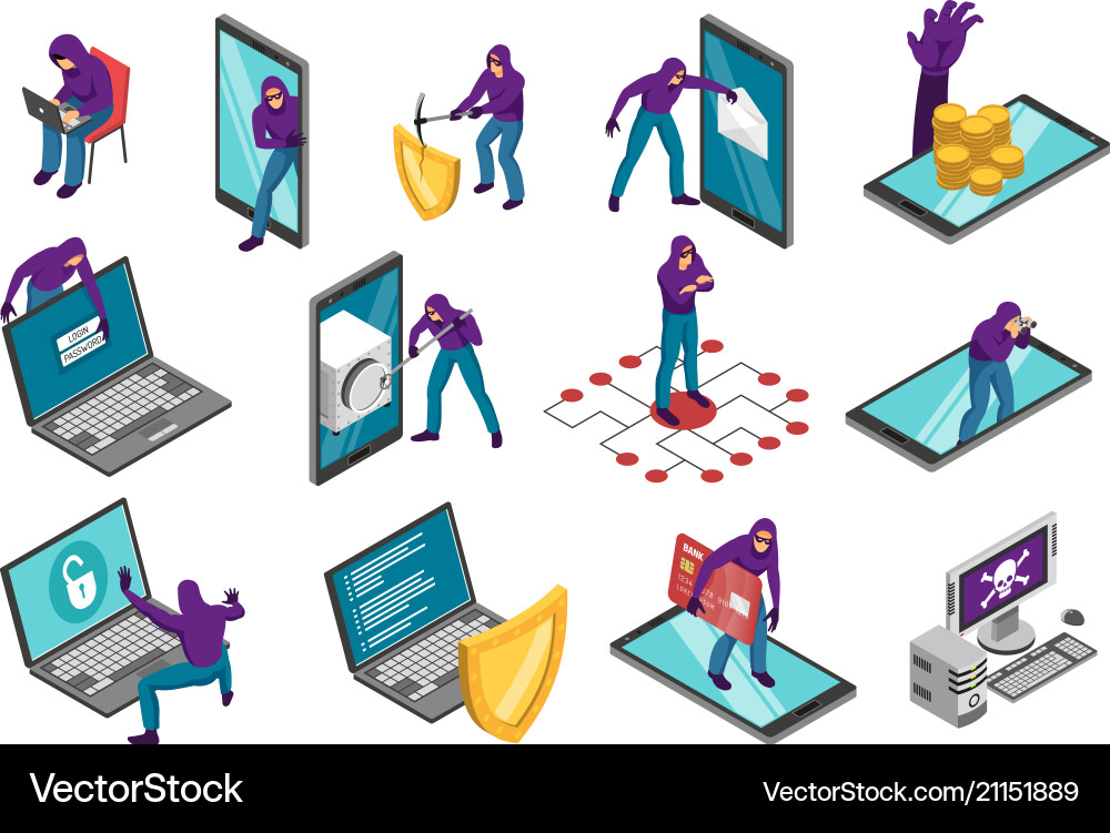 Cyber terrorist isometric set Royalty Free Vector Image