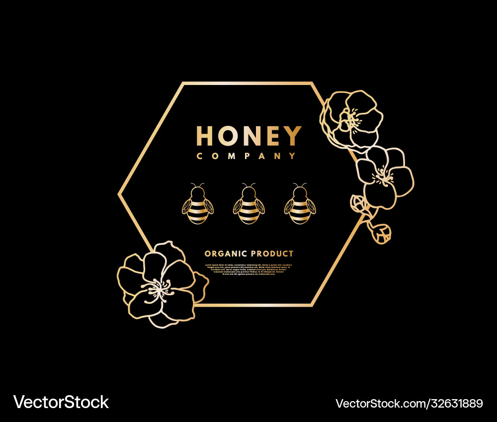 Honey logo with gold gradient honeybee in frame Vector Image