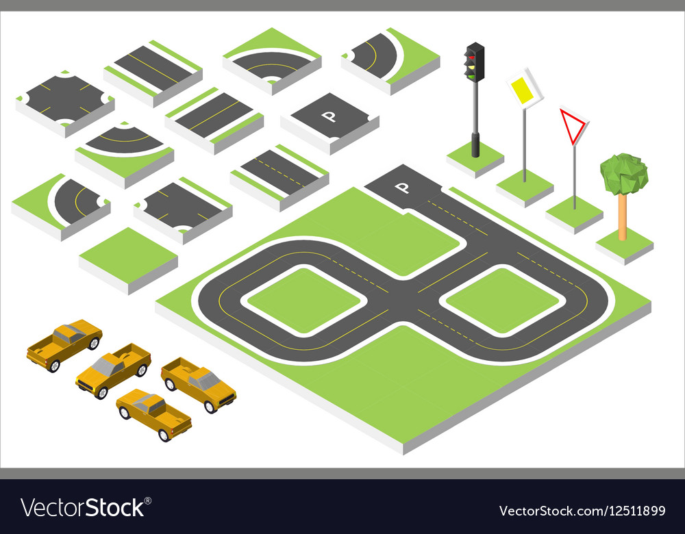 Set Isometric road and Cars Common road Royalty Free Vector Set Isometric road and Cars Common road Royalty Free Vector