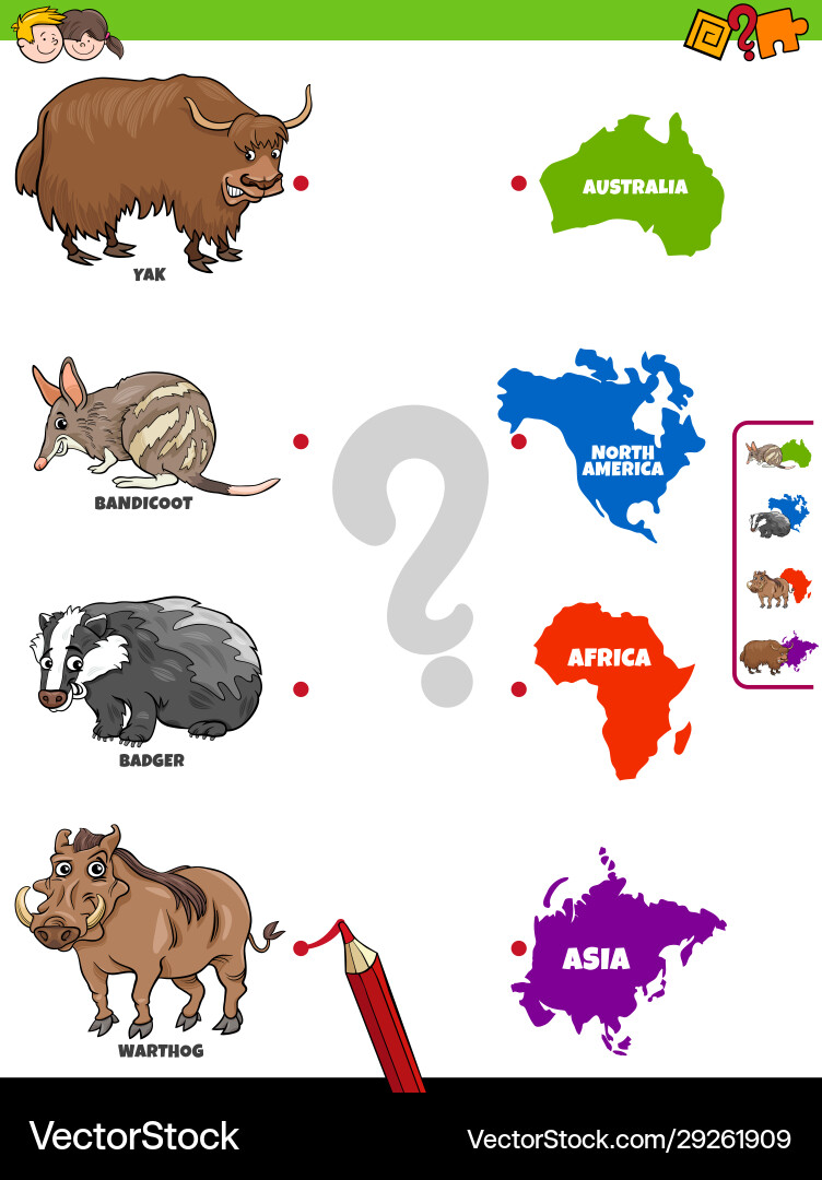 Match animals and continents educational game Vector Image
