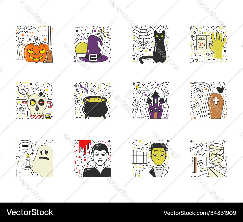 Set halloween scenes in flat line style modern Vector Image