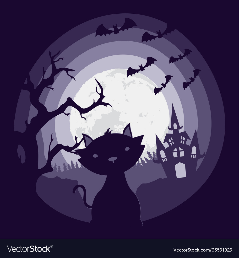 Happy halloween card with black cat and bats Vector Image