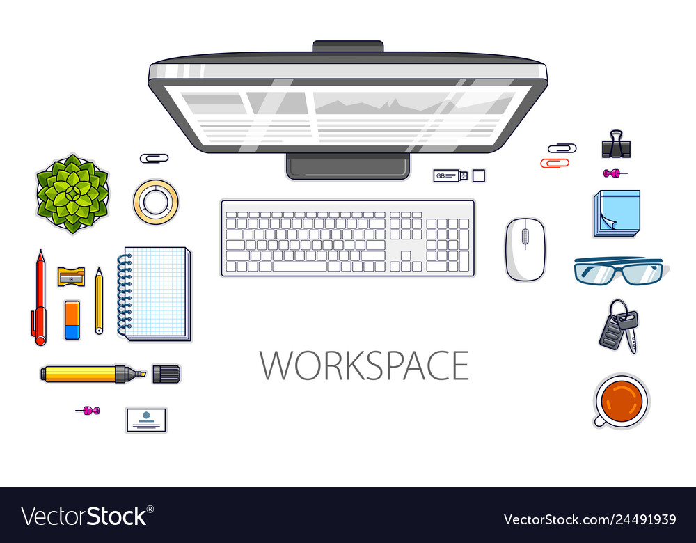Work desk workspace top view with pc computer Vector Image