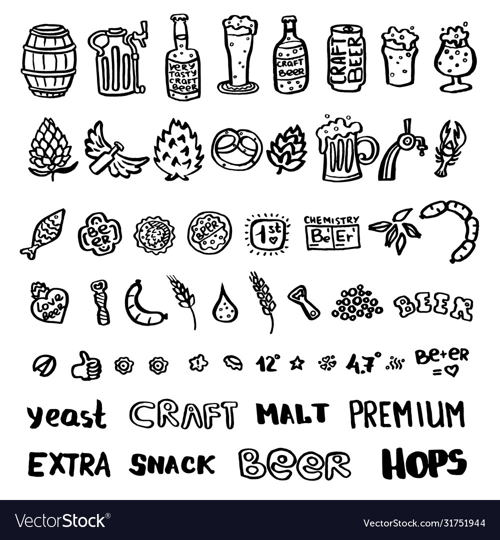 Craft beer hand drawn elements set Royalty Free Vector Image Craft beer hand drawn elements set Royalty Free Vector Image