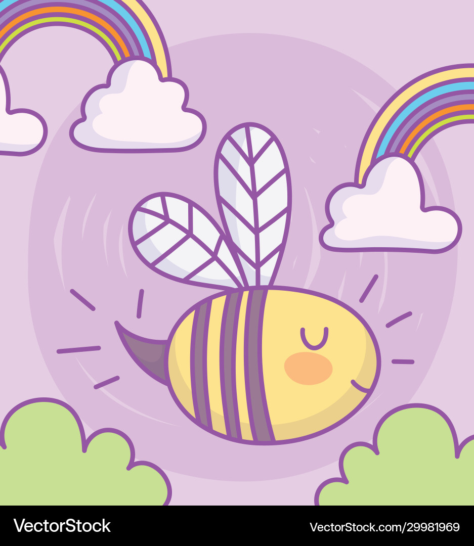 Cute little bee rainbow clouds cartoon Royalty Free Vector