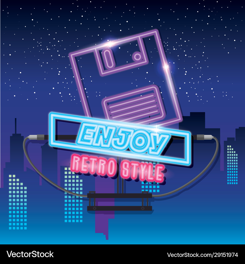Label floppy nineties retro style neon light Vector Image