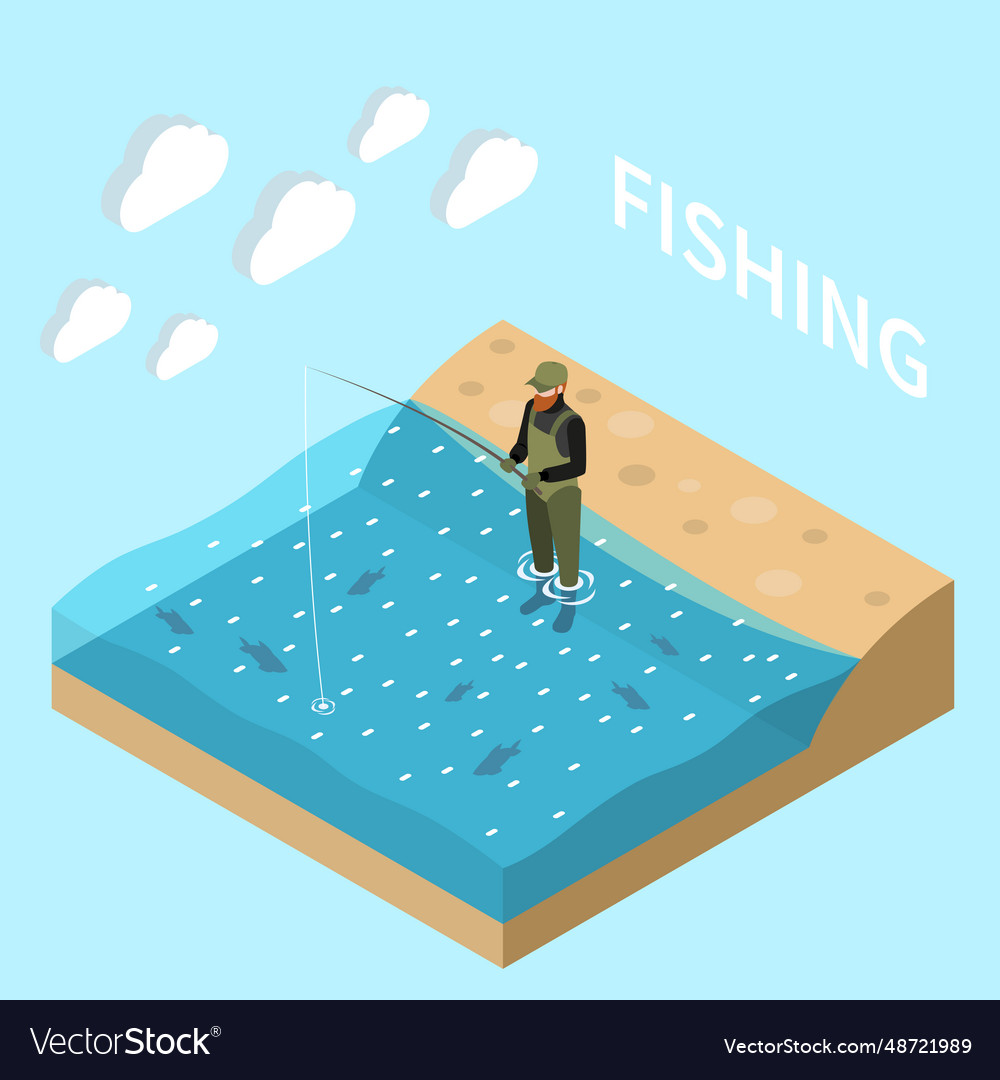 Fishing fisherman isometric colored concept Vector Image Fishing fisherman isometric colored concept Vector Image