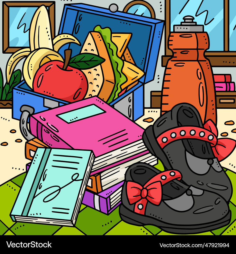 Back to school lunch box and books colored cartoon