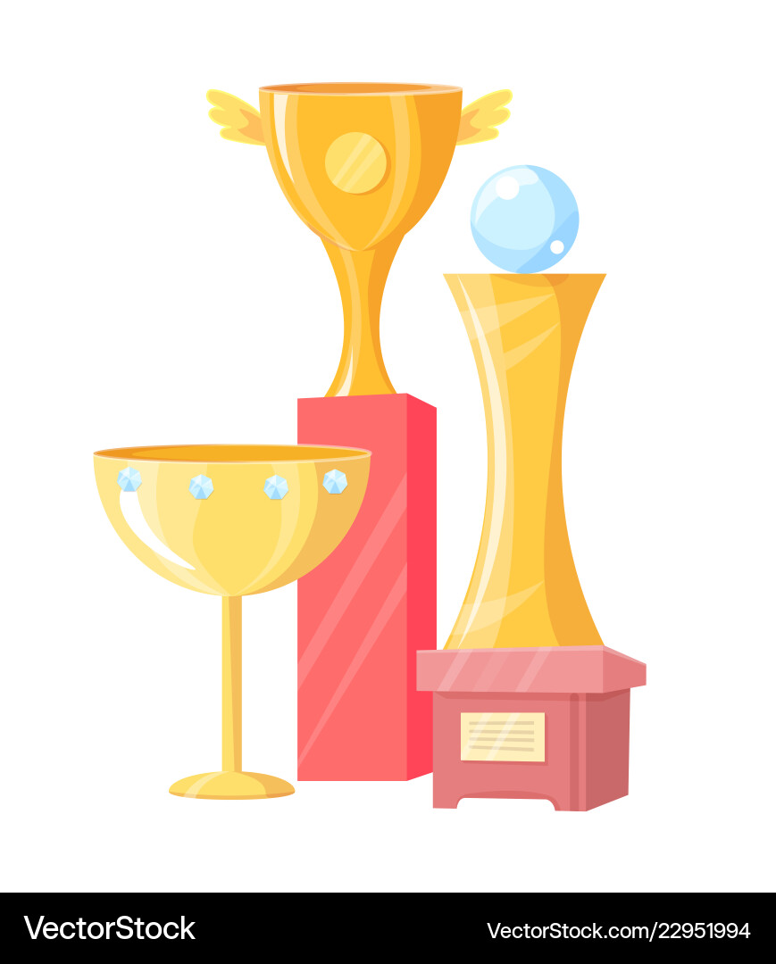 Three golden cups isolated on white background Vector Image