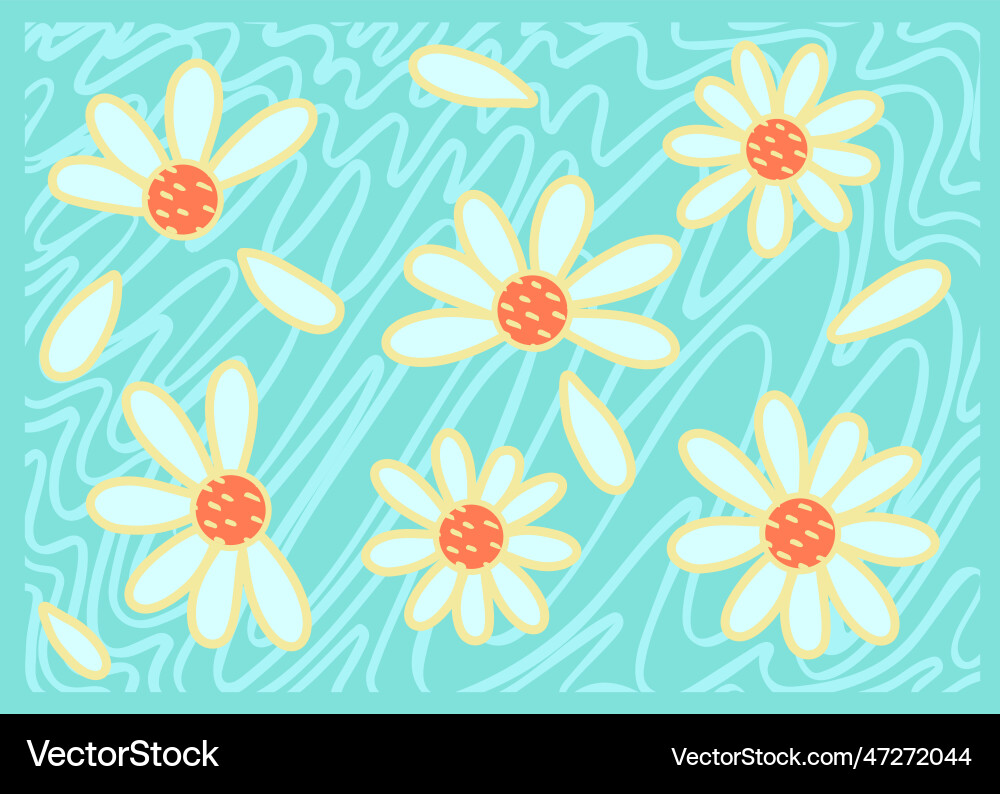 Groovy wavy daisy horizontal banner abstract retro