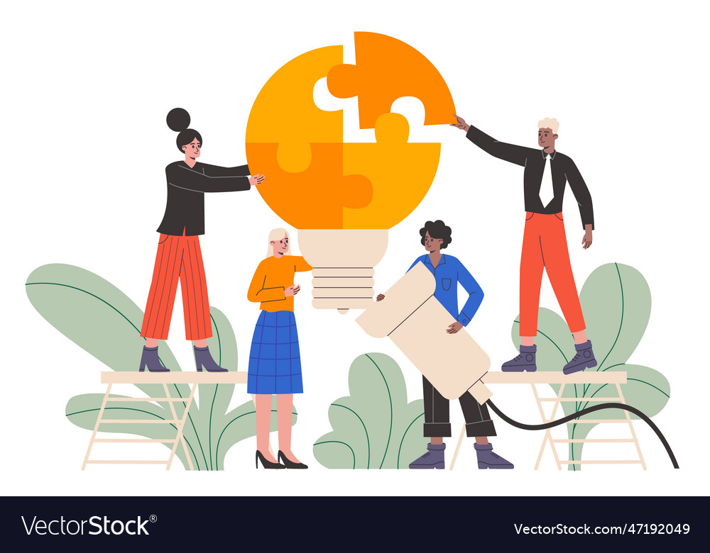 Lightbulb puzzle teamwork process people develop Vector Image