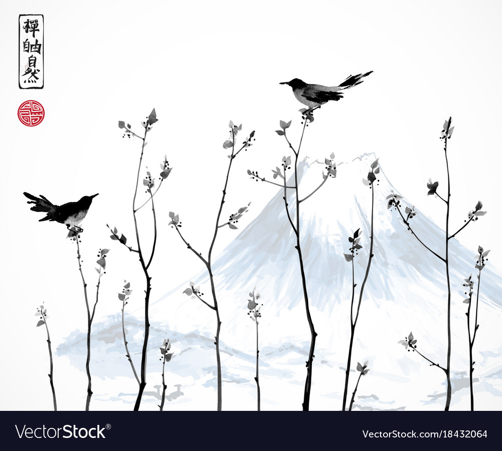 Two black birds on trees branches and fujiyama Vector Image
