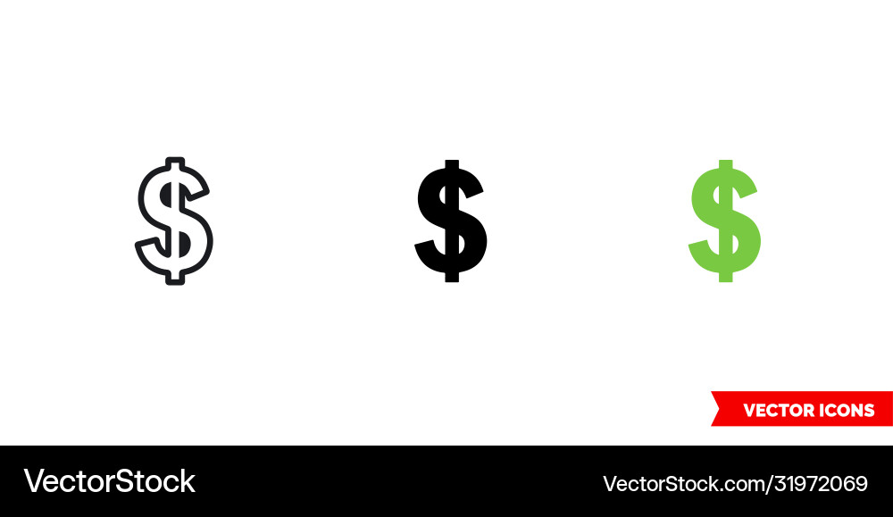 Dollar icon 3 types isolated sign Royalty Free Vector Image