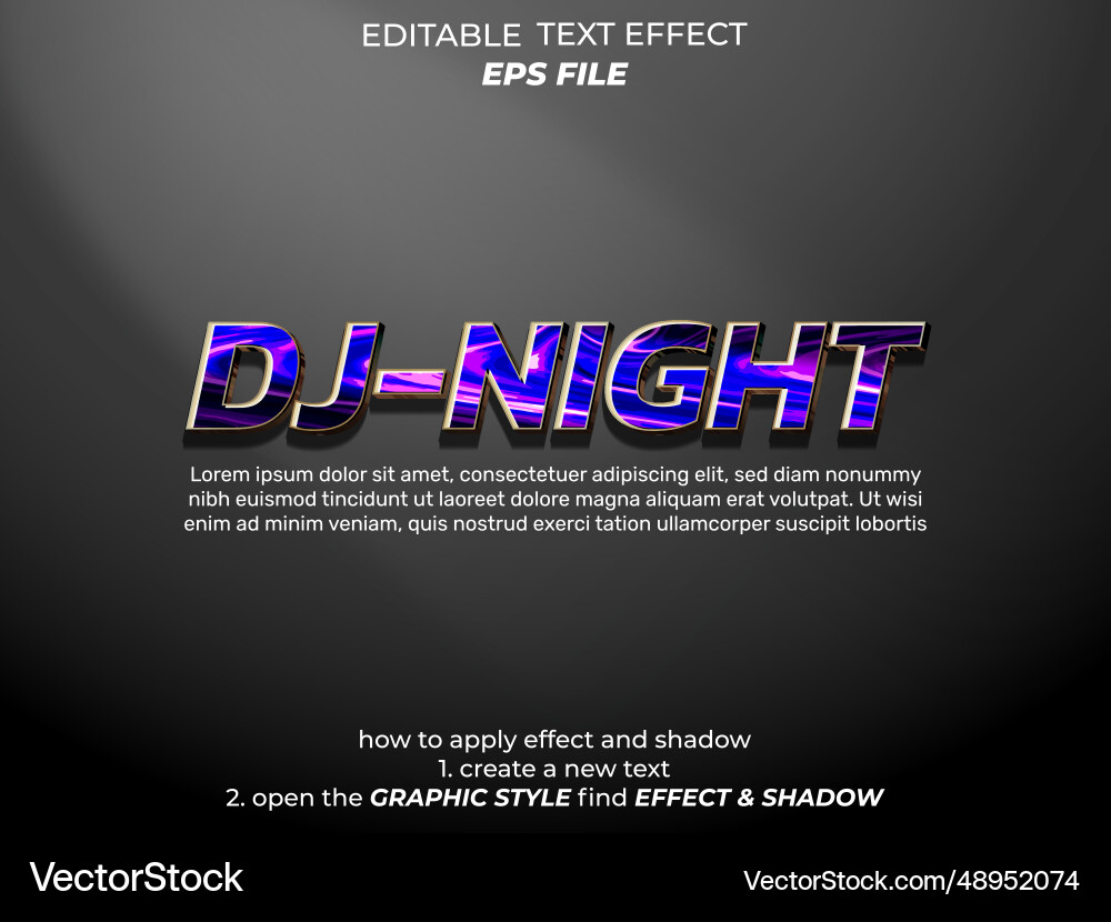 Dj night text effect font editable typography 3d Vector Image