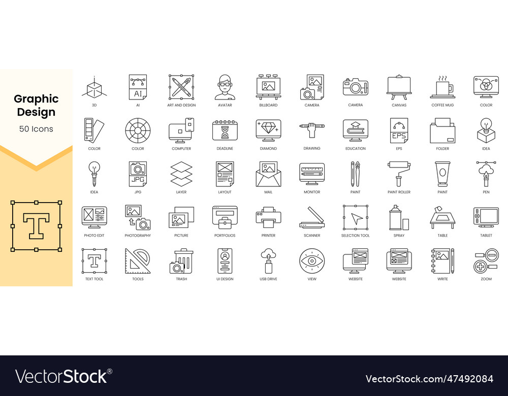 Simple outline set of graphic design icons linear Vector Image