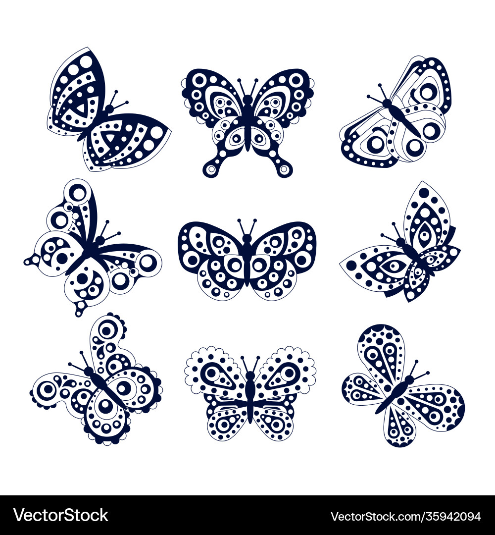 Monochrome butterflies collection black winged Vector Image
