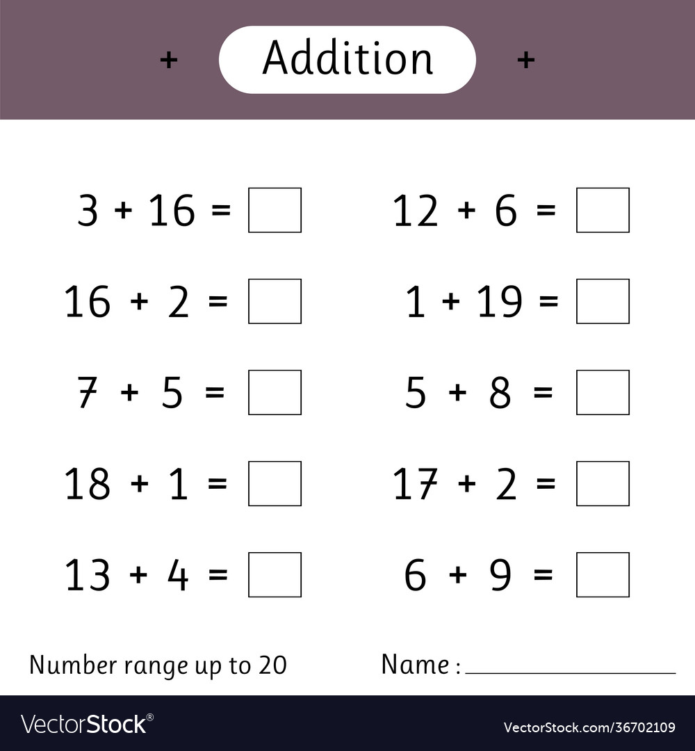 Addition Number Range Up To 20 Math Worksheet Vector Image