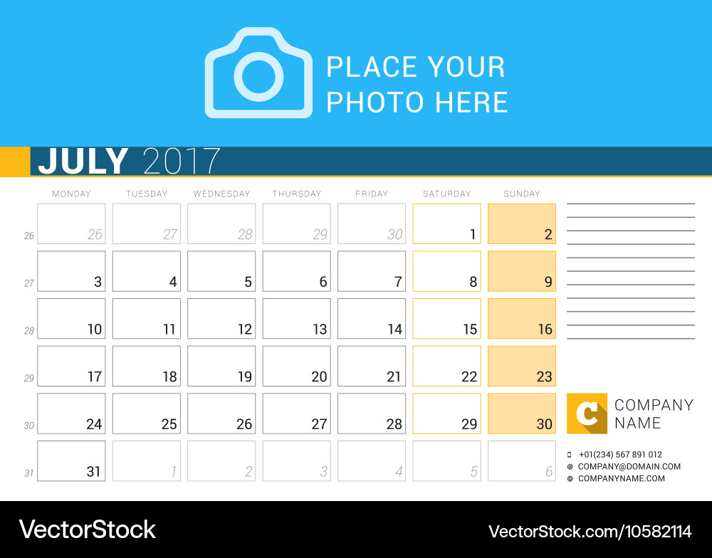 Desk calendar for 2017 year july design print Vector Image