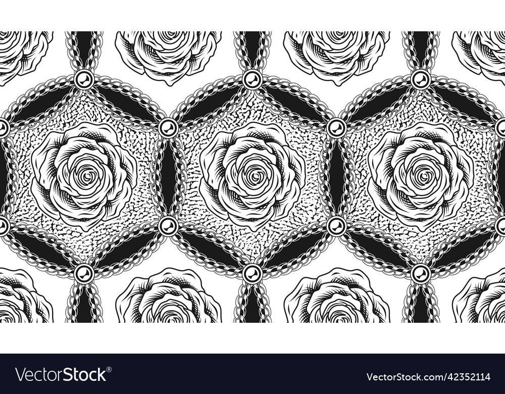 Hexagonal pattern with chains contour roses Vector Image