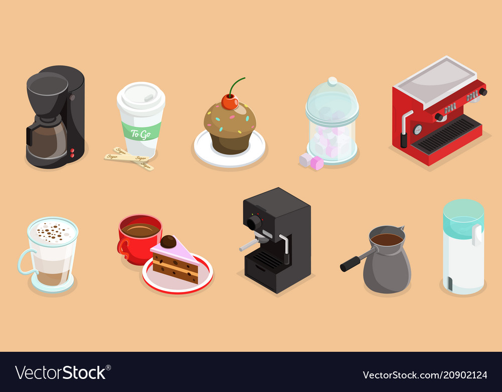 Isometric coffee elements set Royalty Free Vector Image