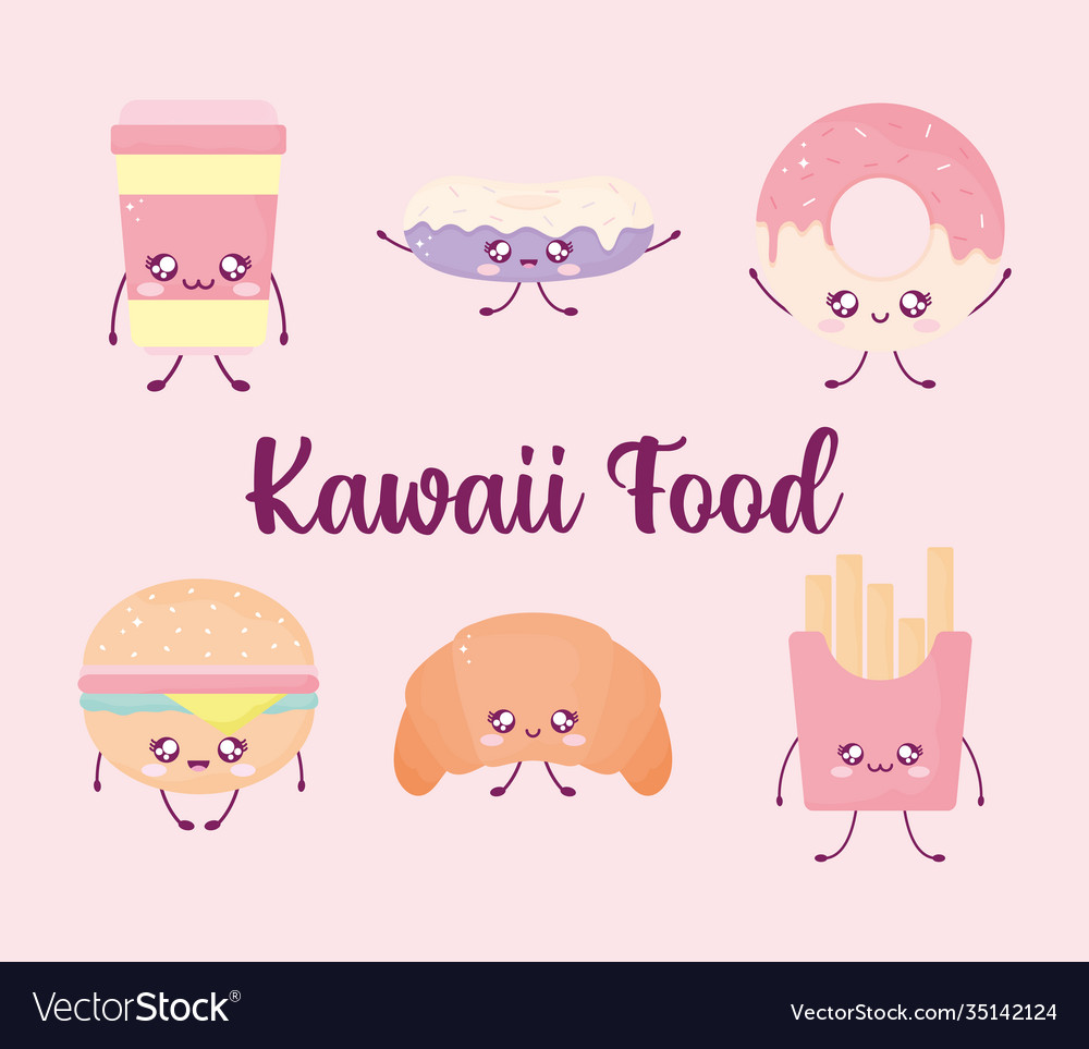 Kawaii food lettering and set food Royalty Free Vector Image