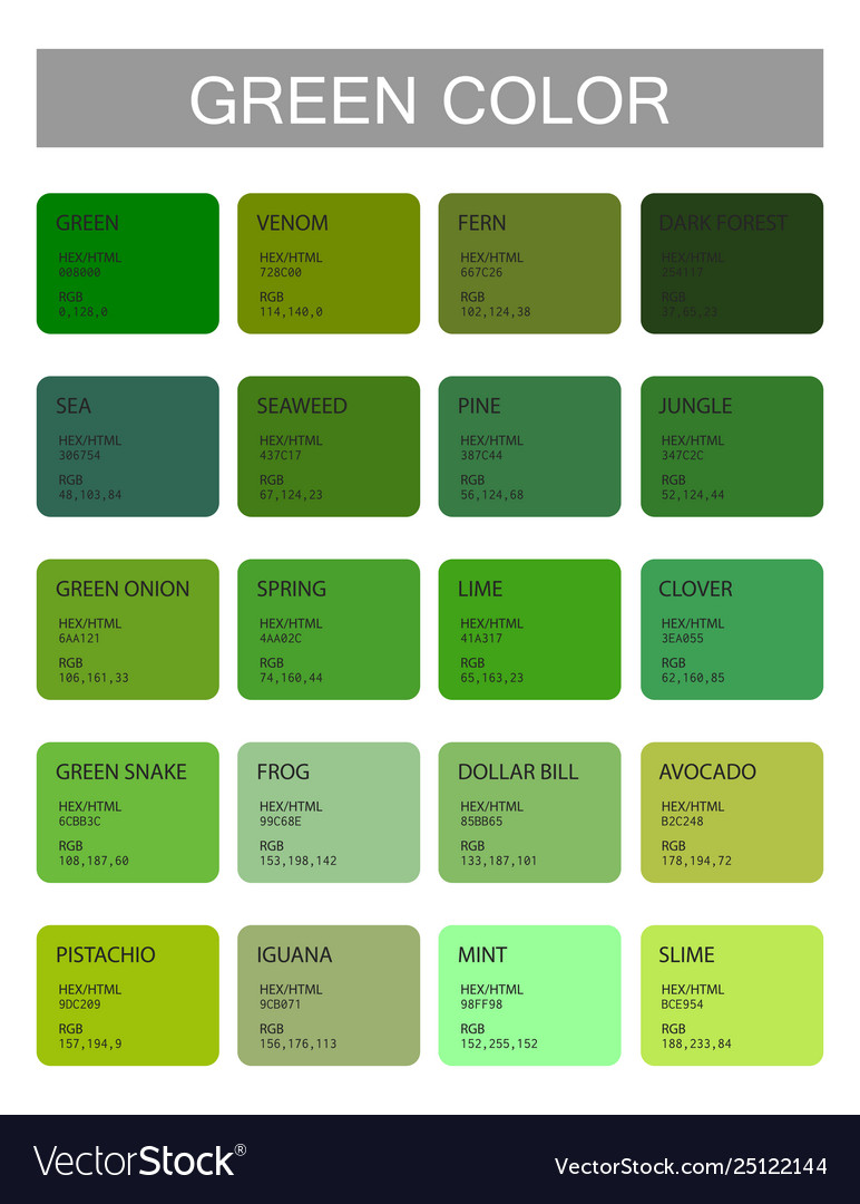 Green Color Codes And Names Selection Colors Vector Image